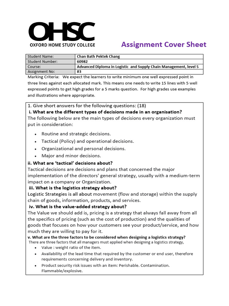 Ohsc Assignment Coversheet ##3. | PDF | Logistics | Supply Chain