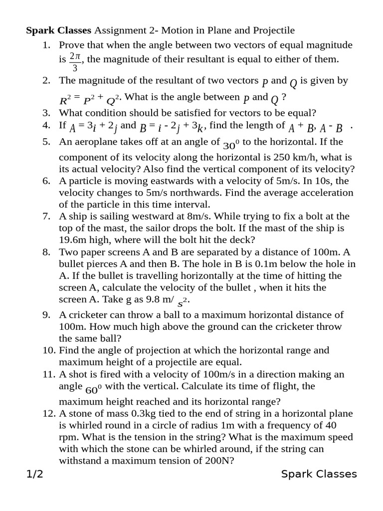 Assignment 2- Motion in Plane | PDF | Acceleration | Velocity