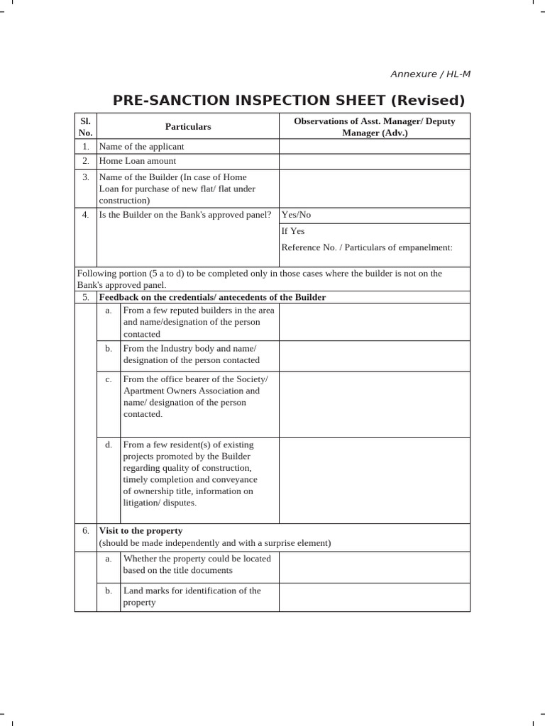 Pre-Sanction Inspection Sheet | PDF | Urban | Housing