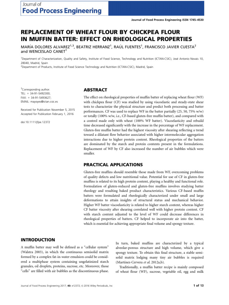 J Food Process Engineering - 2016 - Alvarez - Replacement of Wheat Flour by Chickpea Flour in ...