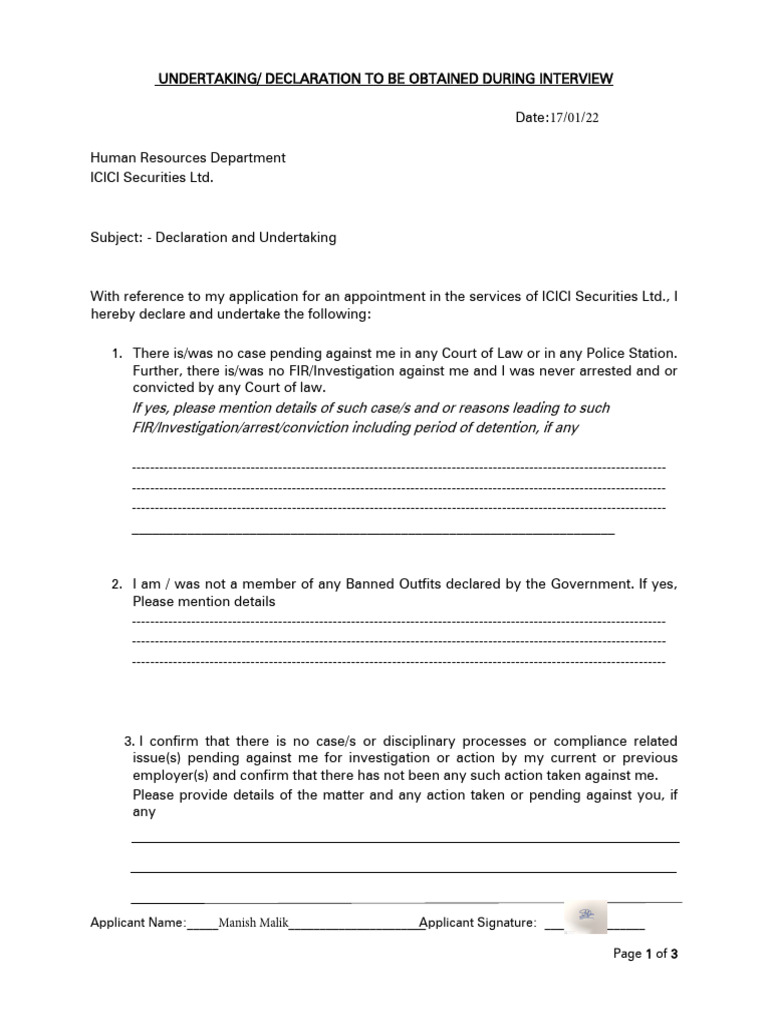 ICICI Securities Interview Declaration Form | PDF | Justice | Crime & Violence
