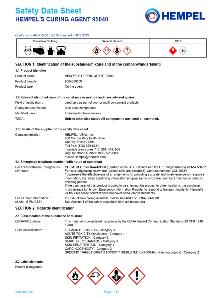 Hempel Curing Agent Safety Data Sheet | PDF | Toxicity | Occupational ...
