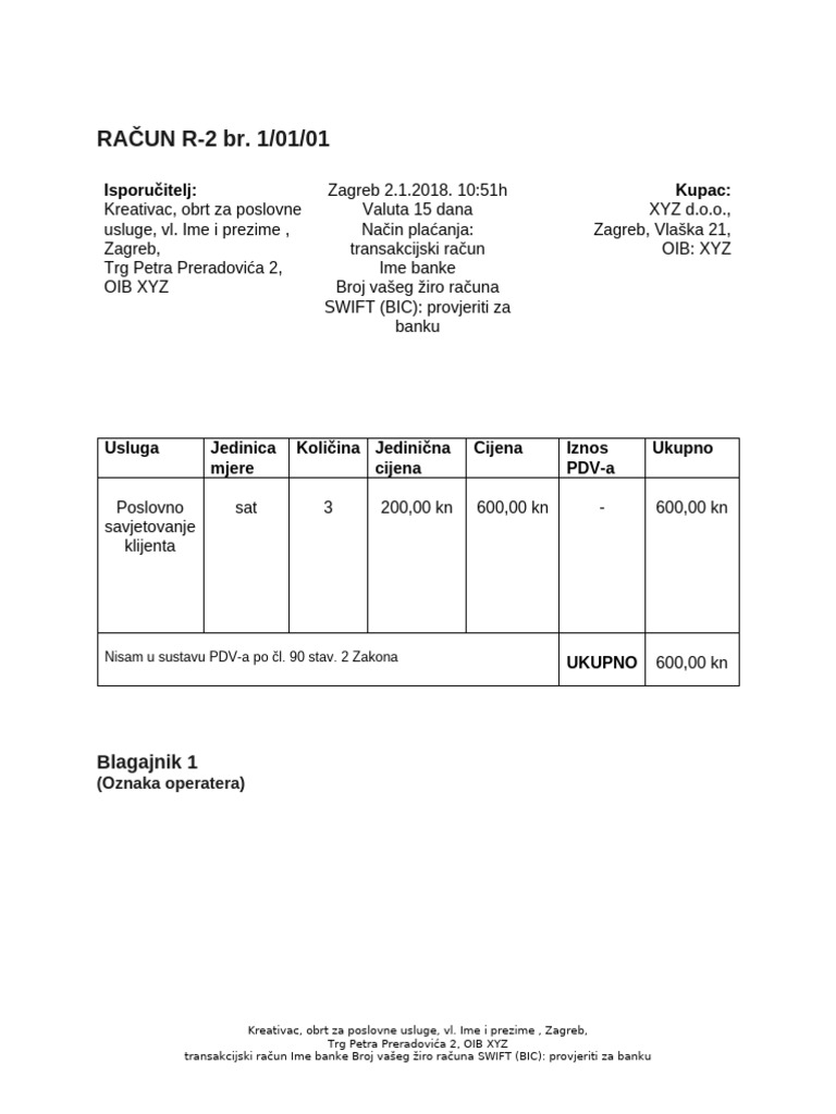 Primjer Račun Za Obrt | PDF