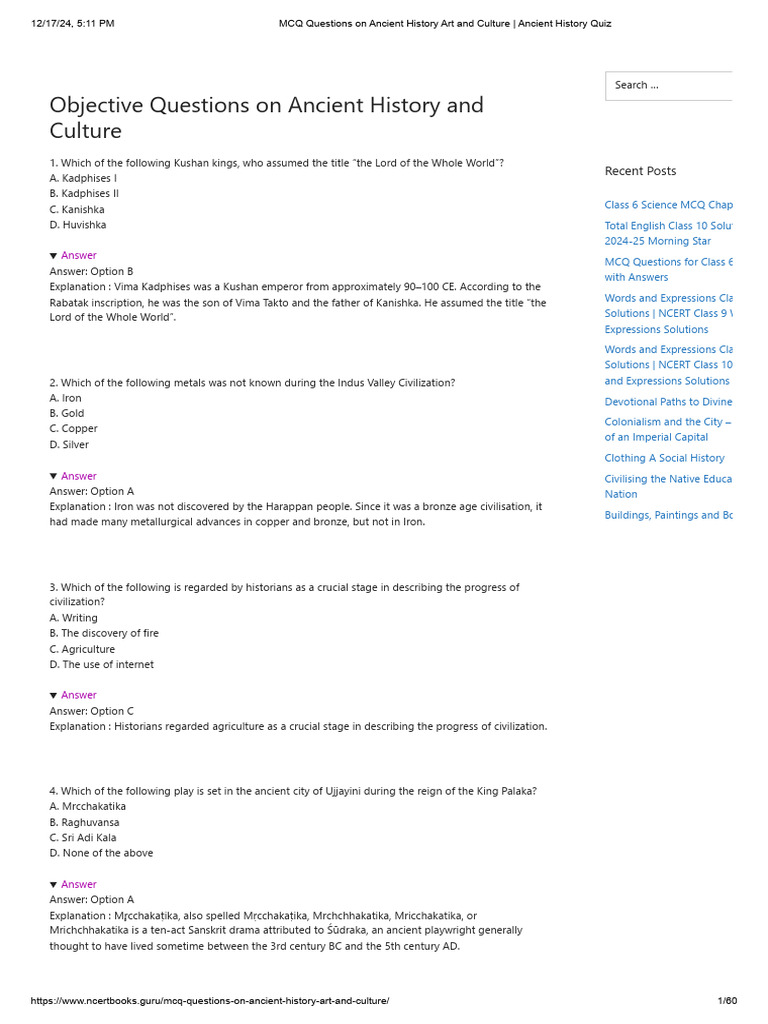 MCQ Questions on Ancient History Art and Culture _ Ancient History Quiz ...