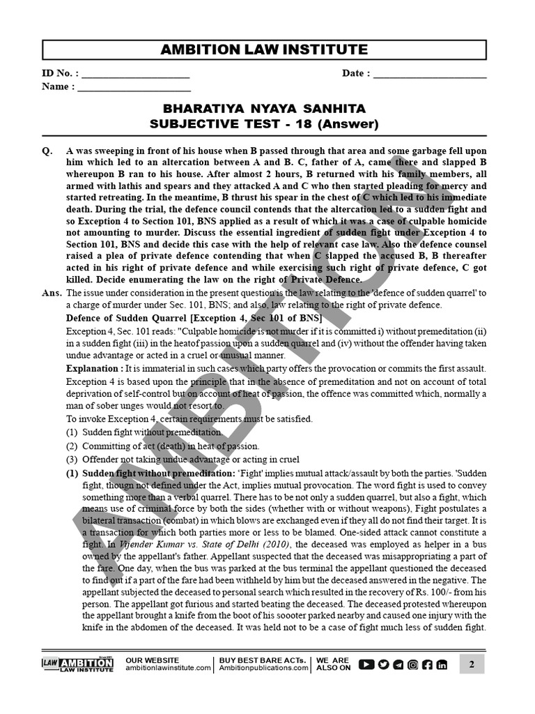 BNS Subjective Test-18 (Ans.) | PDF | Murder | Assault