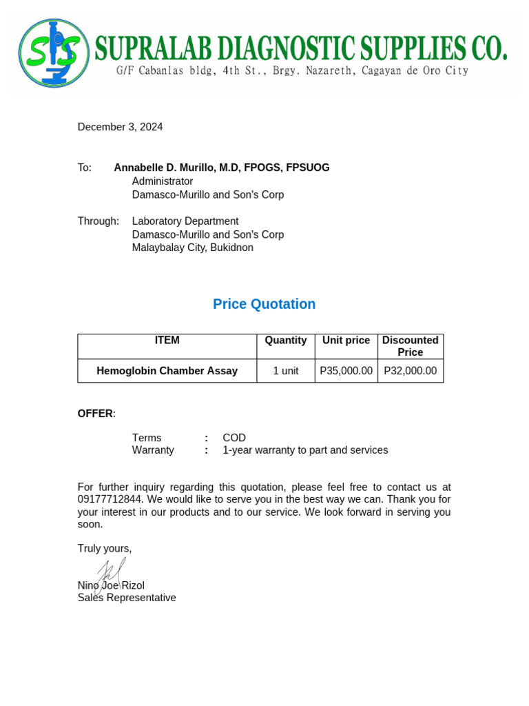 Hemoglobin Chamber Assay Quotation Damasco | PDF