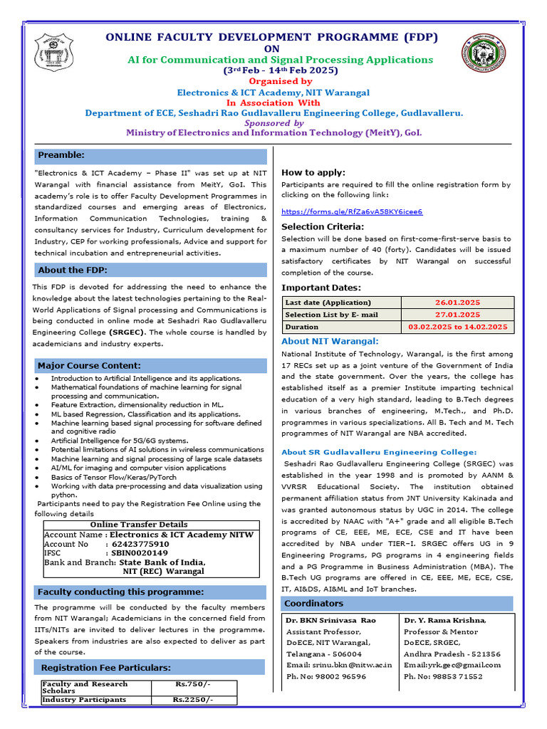 Brochure FDP SRGEC ECE with NIT Warangal | PDF | Machine Learning | Computing