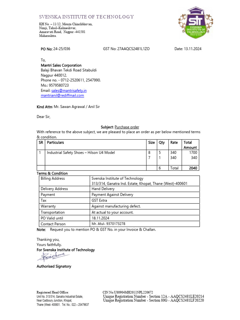 Purchase Order for Safety Shoes | PDF