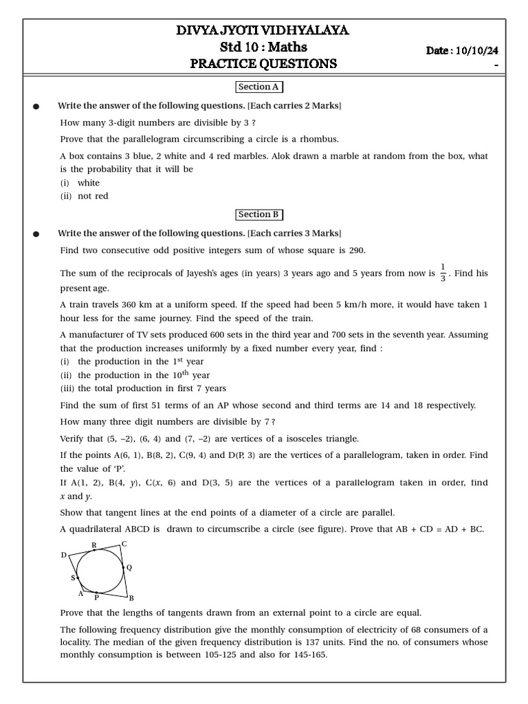 Practicequestions d10 Oct 2024 | PDF | Circle | Elementary Geometry