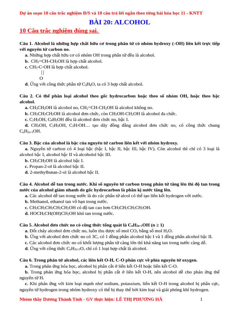63. Bai 20 ALcohol - KNTT. Le Thi Phuong Ha - OK | PDF