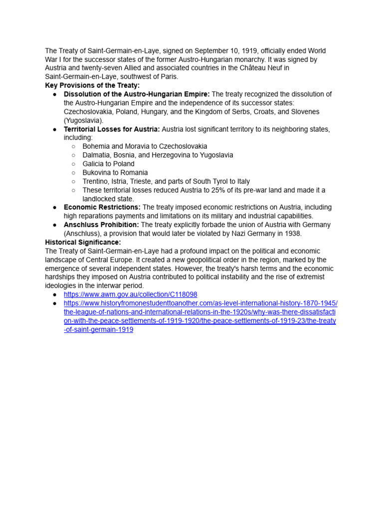 Treaty of Saint-Germain Overview | PDF