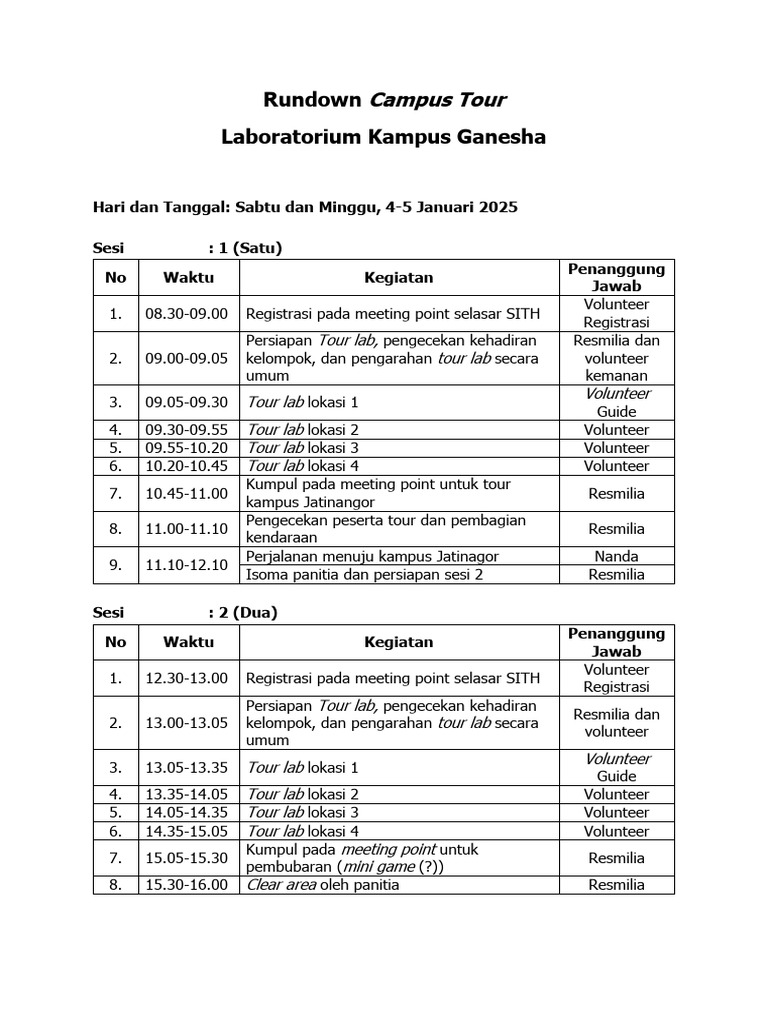 Rundown Campus Tour dan Teknis Tugas ITB Ganesha | PDF