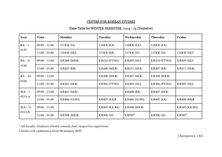 2024-25 - Winter Semester Timetable | PDF