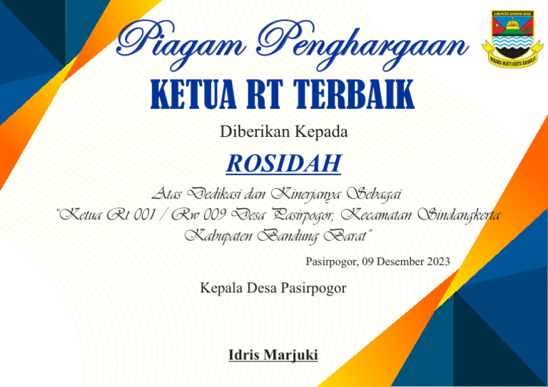 Piagam Ketua RT 001 RW 009 | PDF