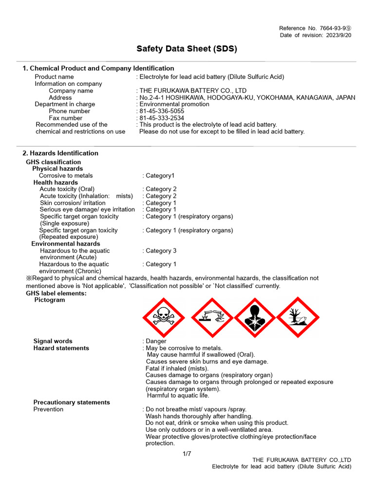 H2SO4-SDS9_en_230920 | PDF | Toxicity | Sulfuric Acid