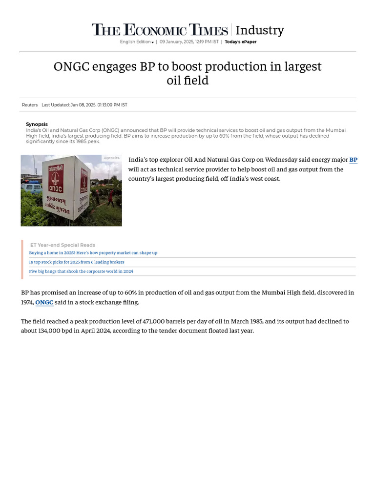 Ongc - ONGC Engages BP To Boost Production in Largest Oil Field - The ...