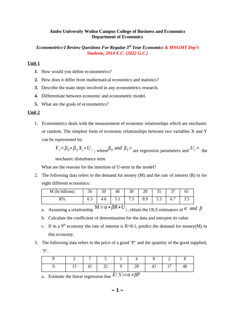 Econometrics Work-Sheet, Fikadu | PDF | Econometrics | Linear Regression