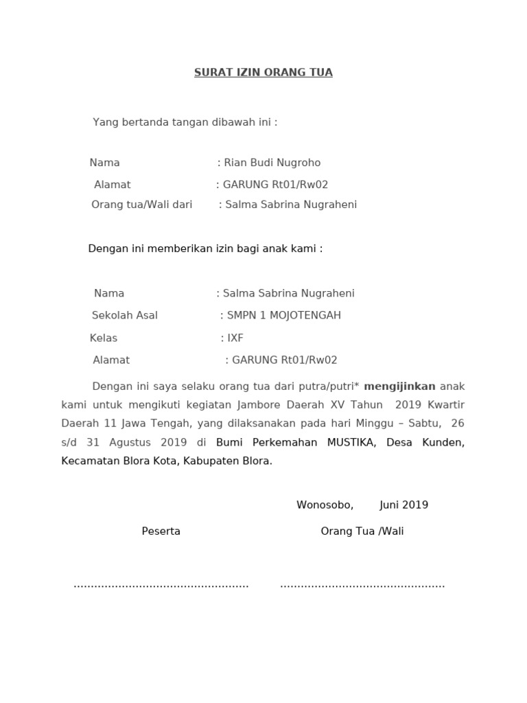 Surat Ijin Ortu & Sekolah, Salma | PDF