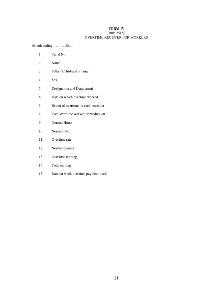 Mwa Form IV Rule 25 2 Overtime Register for Workers | PDF