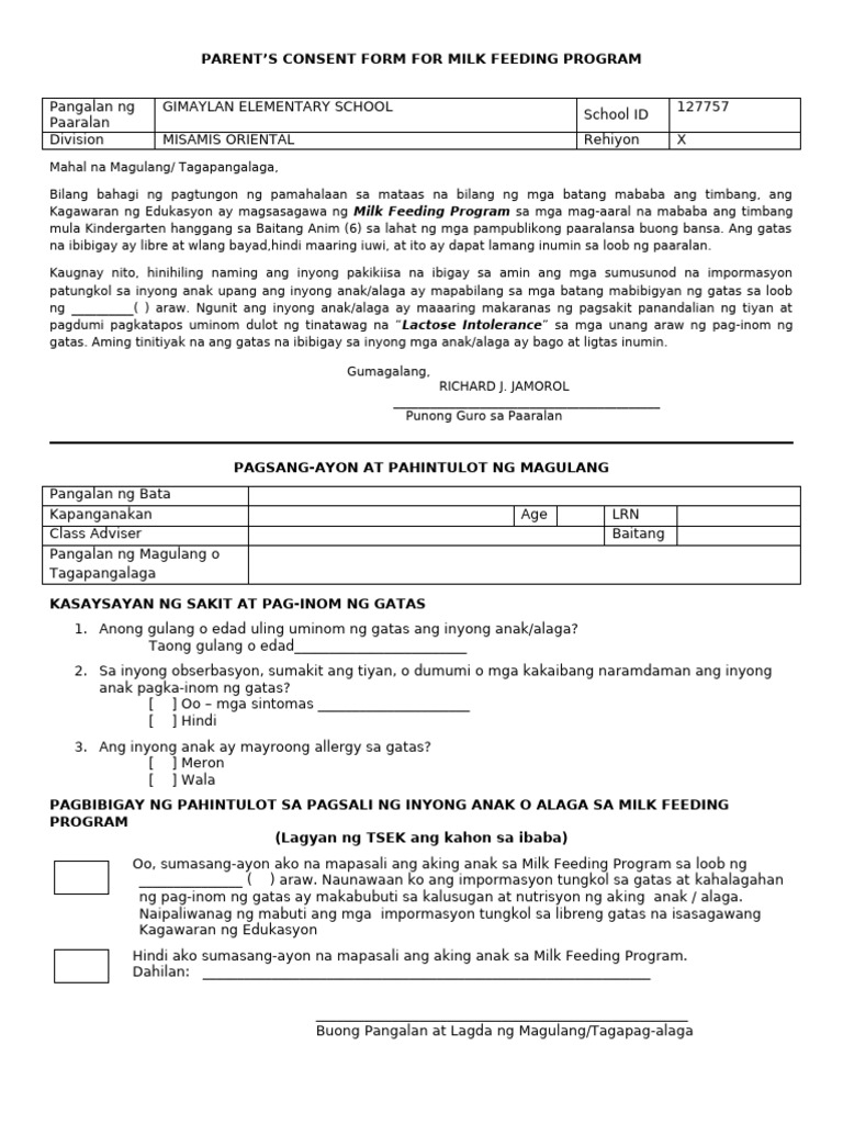 PARENT Conset For Milk Feeding 1 | PDF