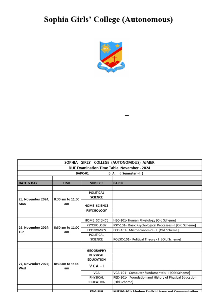 Sem I UG Time Table Due November 2024 | PDF | Mathematics | Science