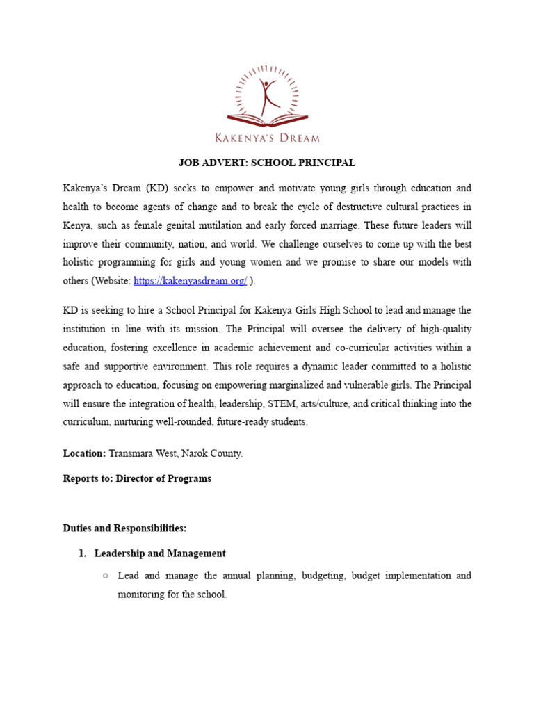 Principal Vacancy at Kakenya's Dream | PDF | Teachers | Disciplines