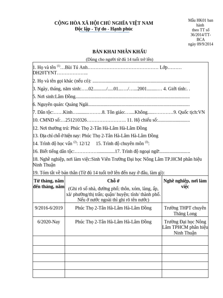 Mẫu Khai Nhân Khẩu KTX | PDF