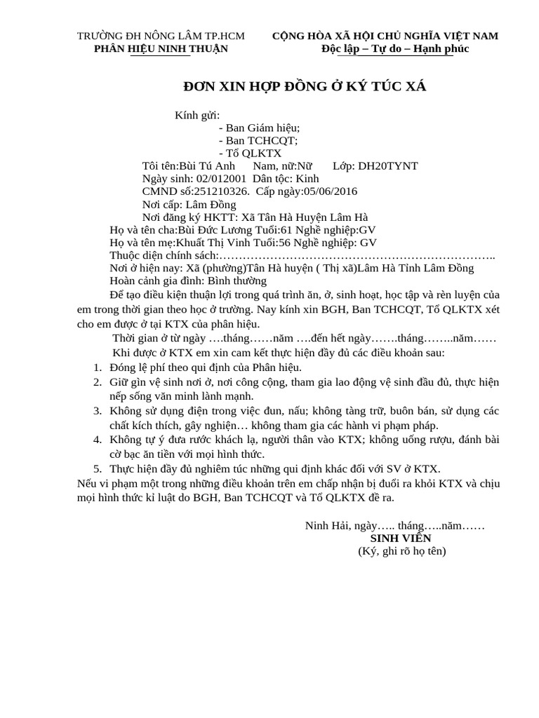 Dơn Xin Ở KTX | PDF