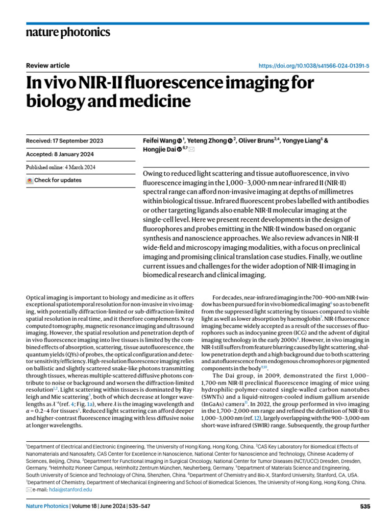 NIR-II Fluorescence Imaging Advances | PDF | Fluorophore | Fluorescence