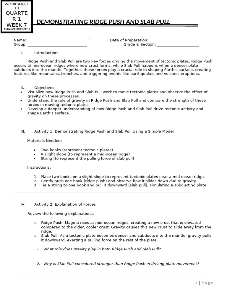 q1w6ws13 Demonstrating Ridge Push and Slab Pull | PDF | Plate Tectonics ...