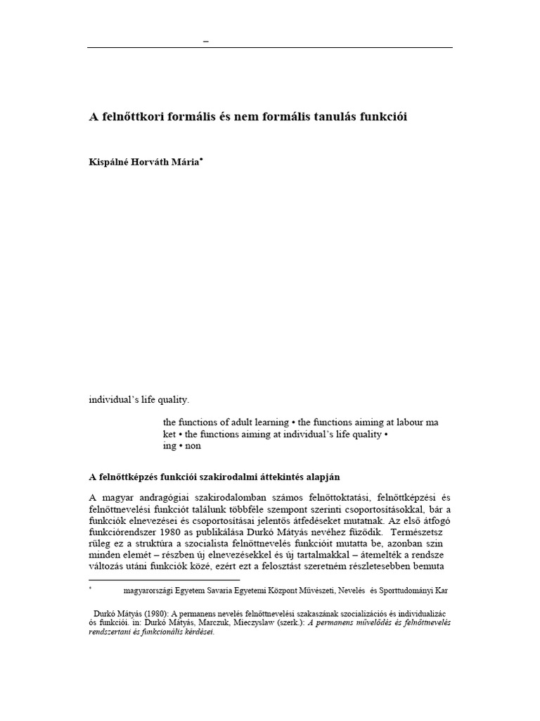 A Felnottkori Formalis Es Nem Formalis Tanulas Funkcioi Napjainkban | PDF