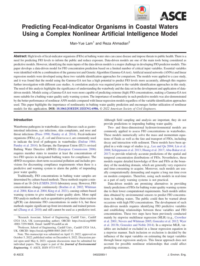 Lam Ahmadian 2022 Predicting Fecal Indicator Organisms in Coastal Waters Using a Complex ...