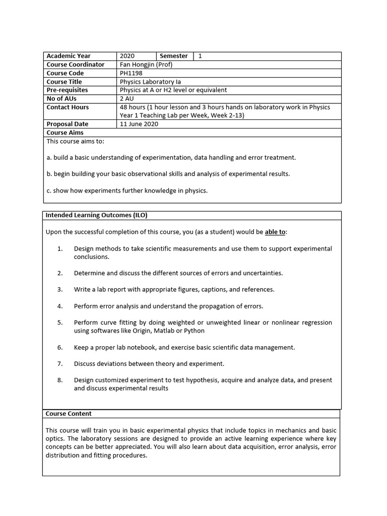 PH1198: Physics Lab Ia Overview | PDF | Experiment | Academic Integrity
