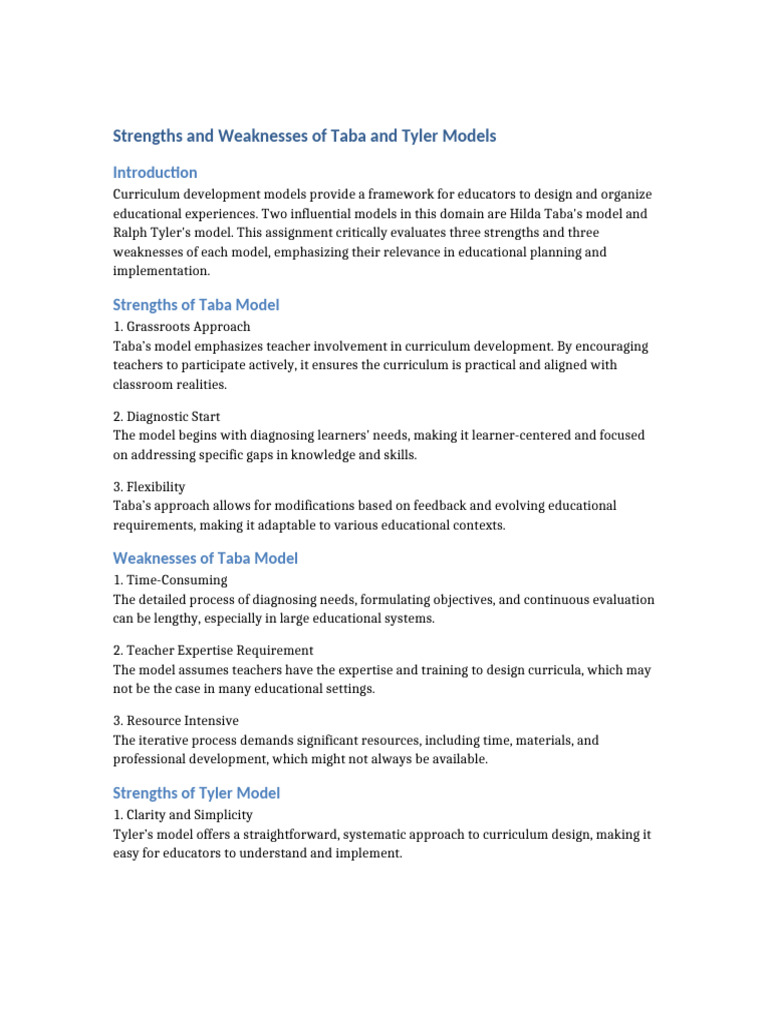 Taba and Tyler Models Assignment | PDF | Curriculum | Teachers