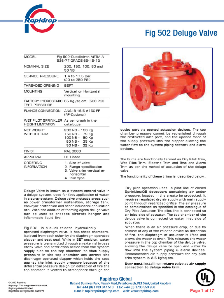 Deluge Valve Fig 502 UL | PDF | Valve | Fire Sprinkler System