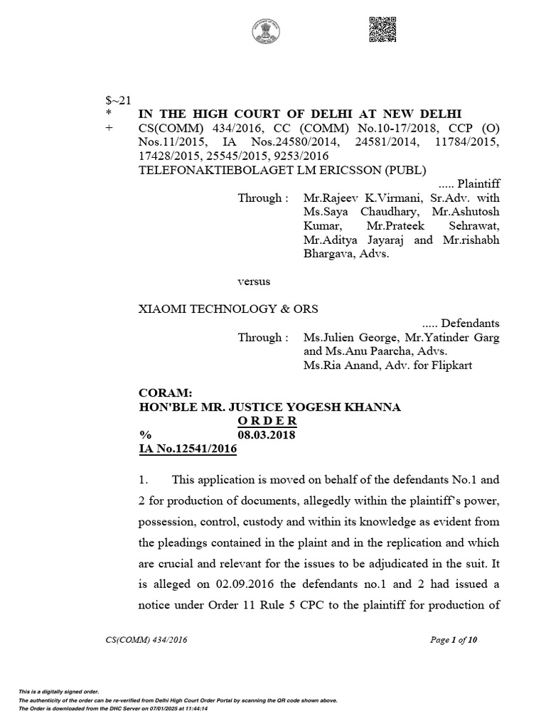 (Para 11) TELEFONAKTIEBOLAGET LM ERICSSON Order | PDF | Discovery (Law ...