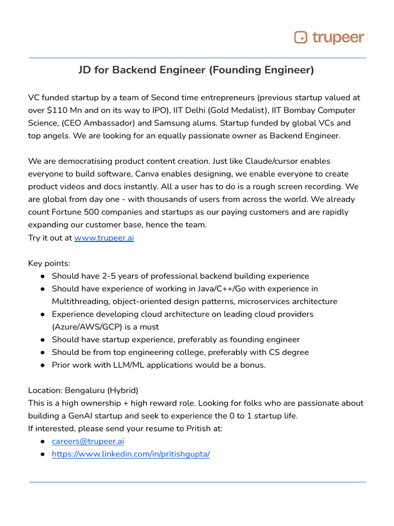 Founding Backend Engineer - Trupeer | PDF