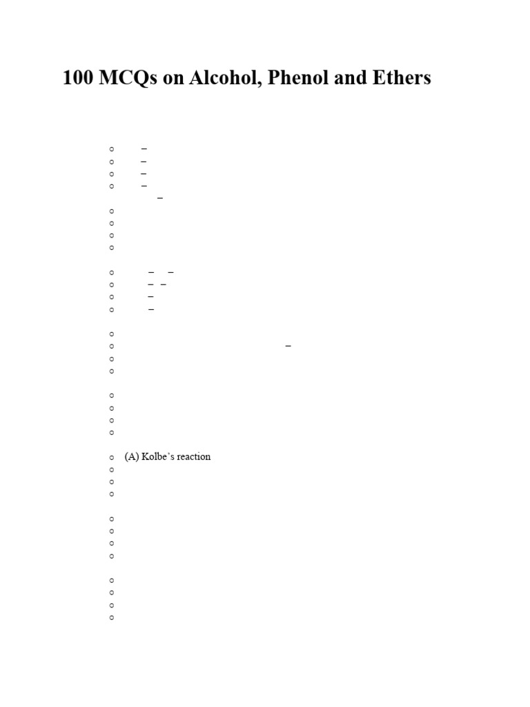 100 MCQs On Alcohol, Phenol and Ethers | PDF | Ether | Ethanol