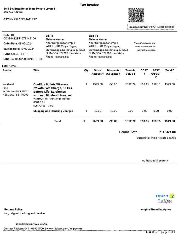 OnePlus Bullets Wireless Z2 Invoice | PDF
