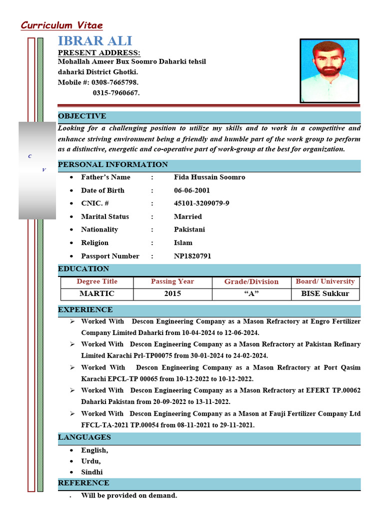 Ibrar Ali CV Descon | PDF