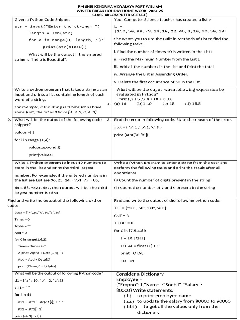 Winter Holidays Home Work Class Xi Cs Pdf String Computer Science Python Programming
