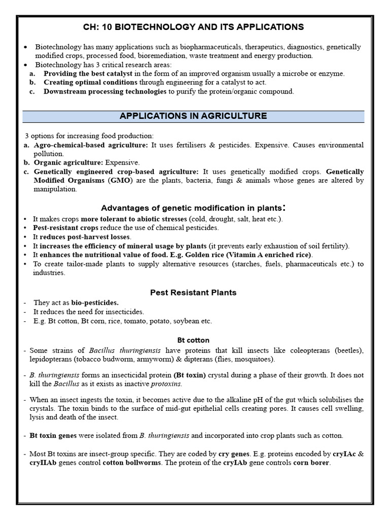 Ch-10 Biotechnology and its application | PDF | Genetically Modified ...
