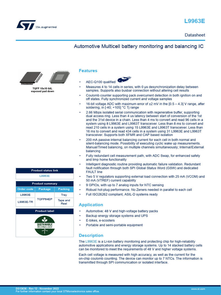 L9963E Battery Monitoring IC Overview | PDF | Manufactured Goods ...