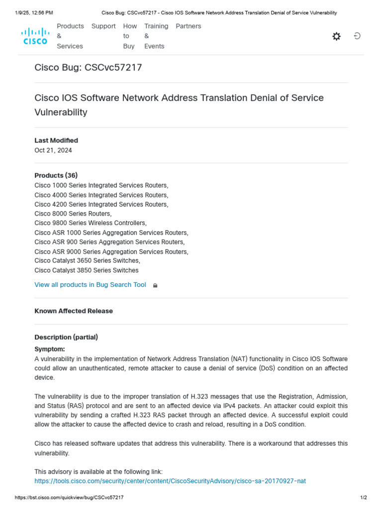 Cisco Bug_ CSCvc57217 - Cisco IOS Software Network Address Translation ...