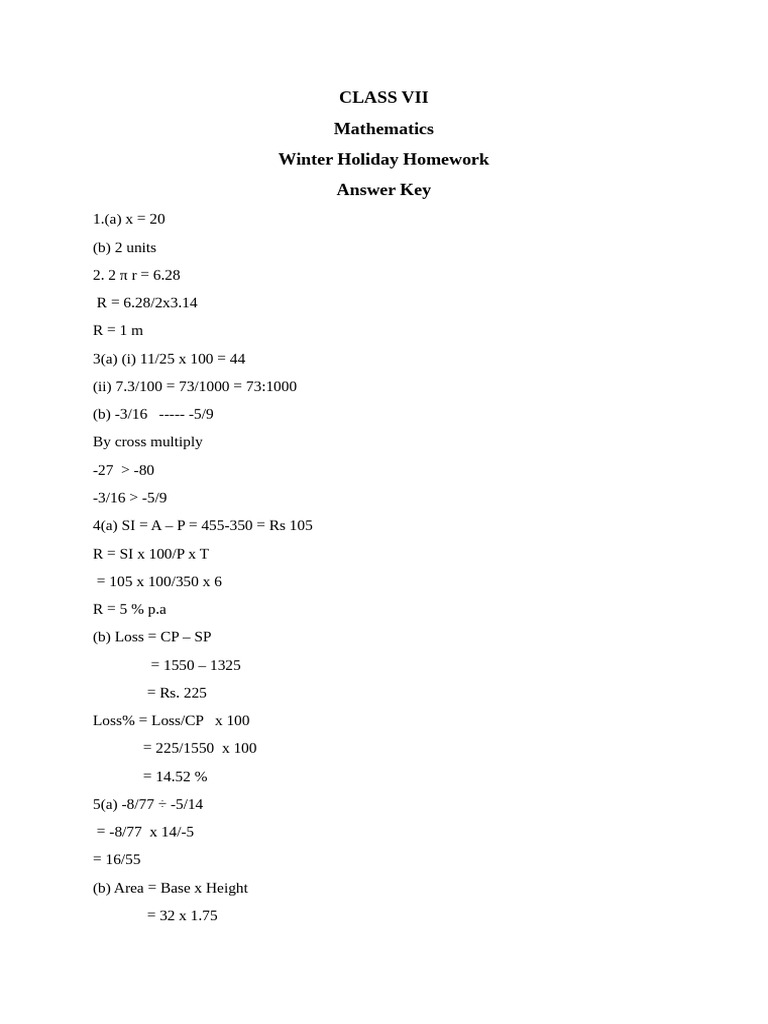 ANS Key Win Hol HW Class VII Maths | PDF