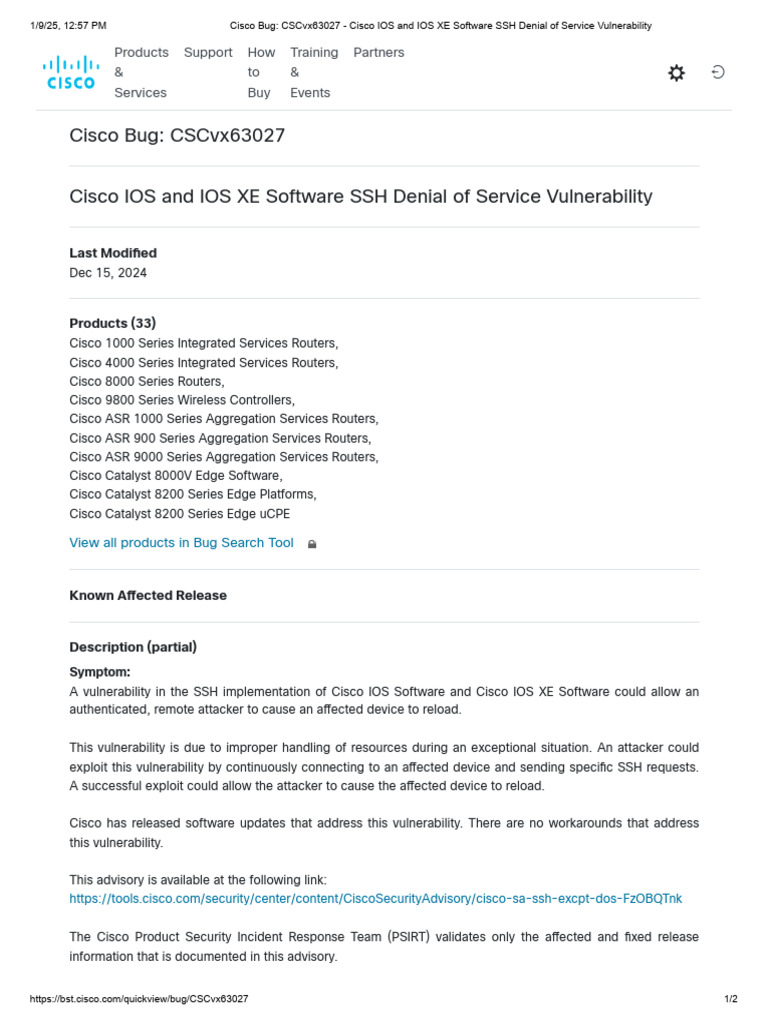 Cisco Bug - CSCvx63027 - Cisco IOS and IOS XE Software SSH Denial of Service Vulnerability | PDF ...