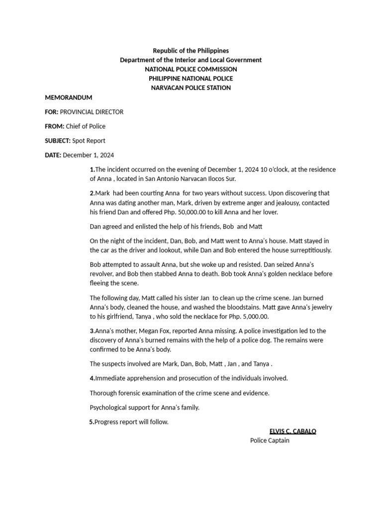 Narvacan Homicide Case Report 2024 | PDF | Forensic Science | Arrest
