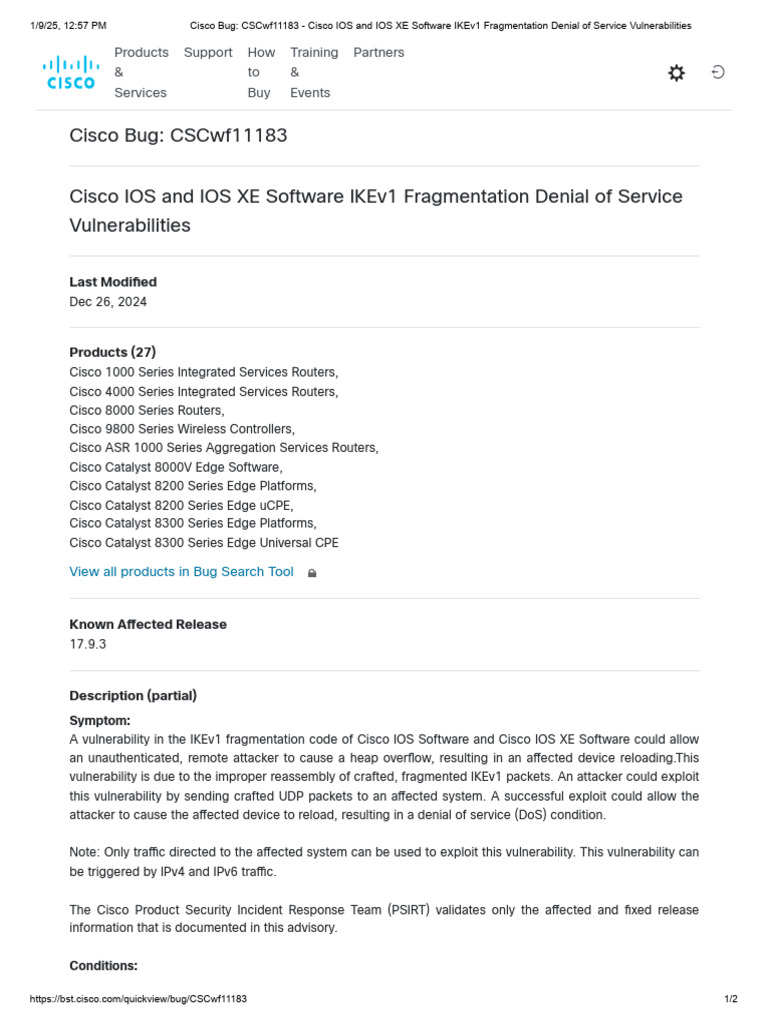 Cisco IOS IKEv1 DoS Vulnerability CSCwf11183 | PDF | Denial Of Service ...