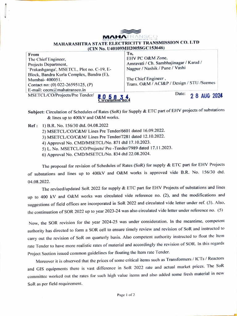 MSETCL - SOR - Circulation - Letter - 5834 - 28.08.2024 | PDF ...