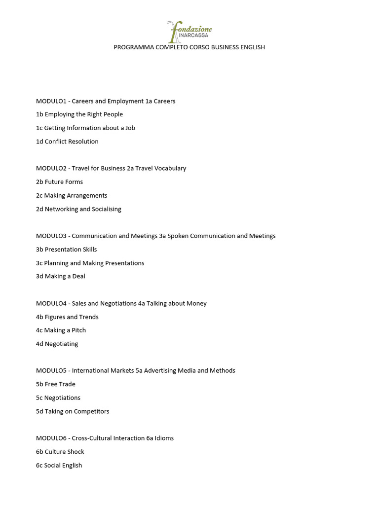 Programma Completo Corso Business English | PDF